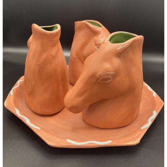 Unknown | Dining | Mexican Redware Clay Pottery 3 Horse Head Tequila ...